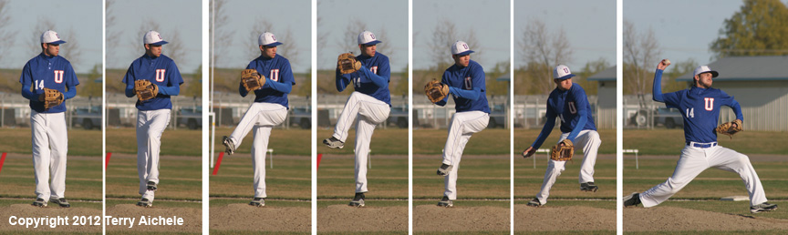 A sequence of photos of Umatilla starting pitcher Nick Snyder throwing ...