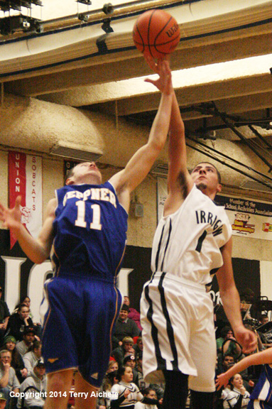 LEFT - Adrian Romero of Irrigon shoots a trey.[img_7627]RIGHT - Irrigon ...